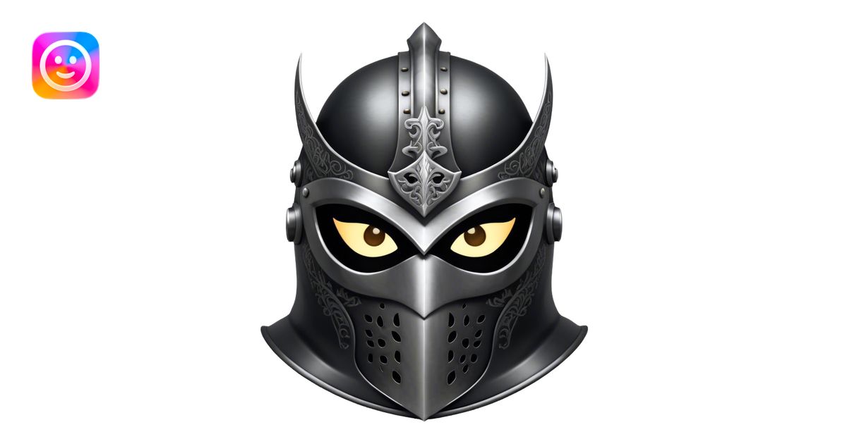 A masked knight with intricate black engravings on his steel helmet ...