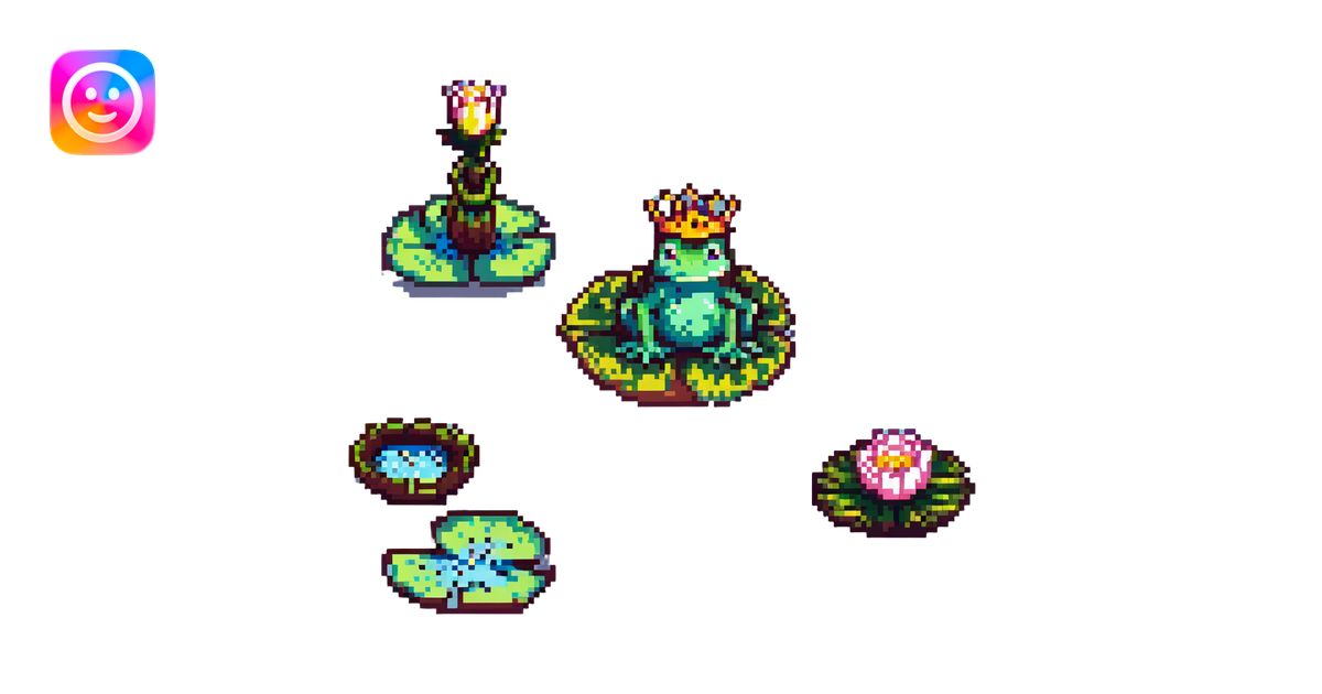 pixel art crowned frog, sitting on a lily pad illustration | AI Emoji ...