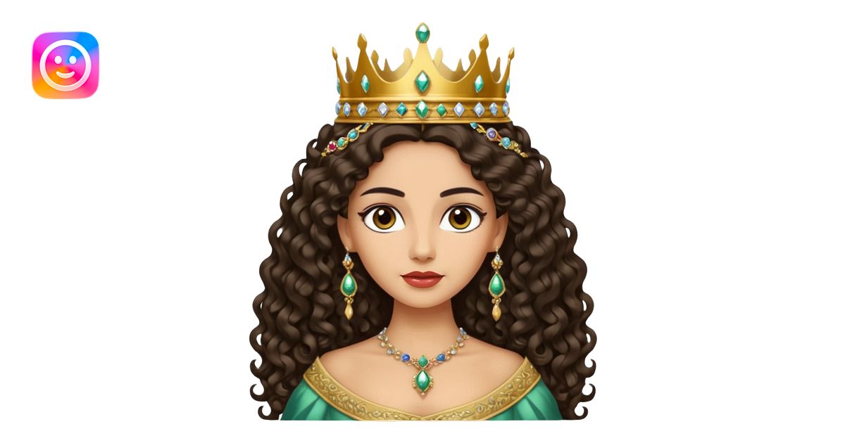Queen with long dark curly hair, dark brown eyes, light olive skin tone ...