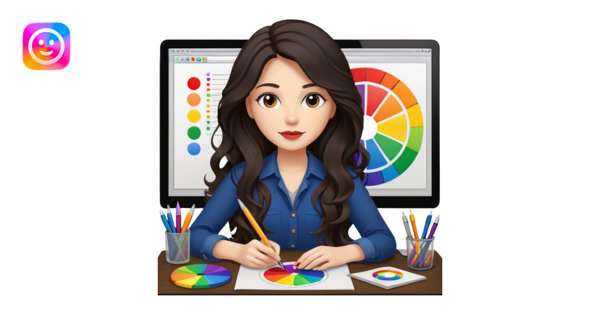 female dark wavy long hair graphic designer , color wheel, pens, papers ...