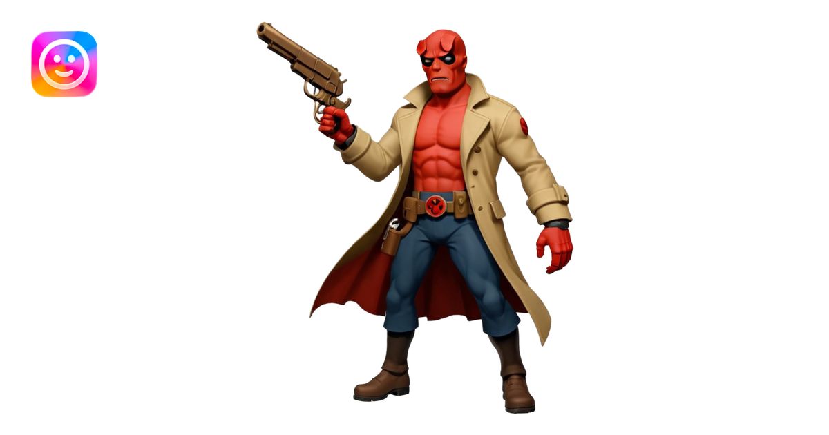 cinematic realistic superhero Hellboy by Mike Mignola jumps with a ...