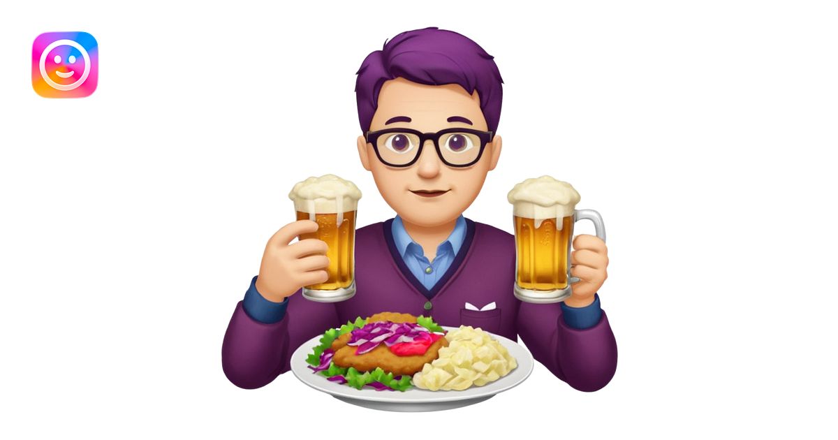 Man with glasses german eating schnitzel, red cabbage, sauerkraut ...