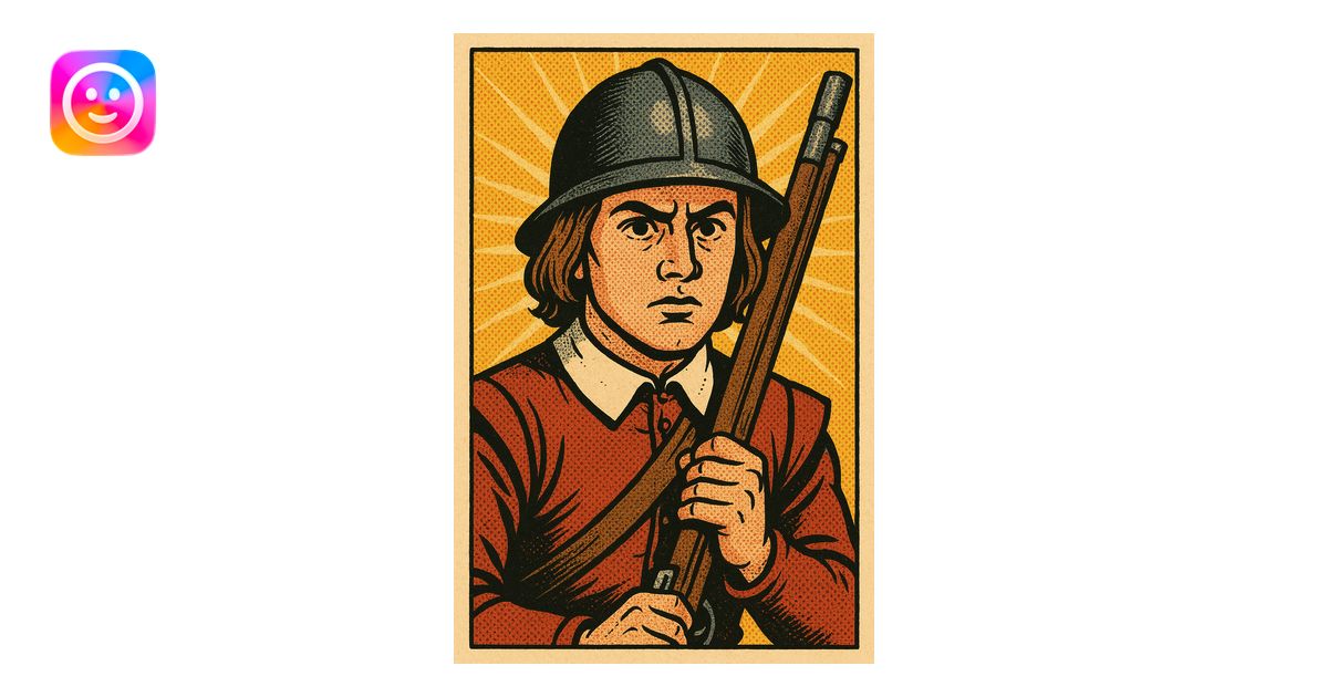 A young English roundhead soldier from the 1600s with a musket facing ...
