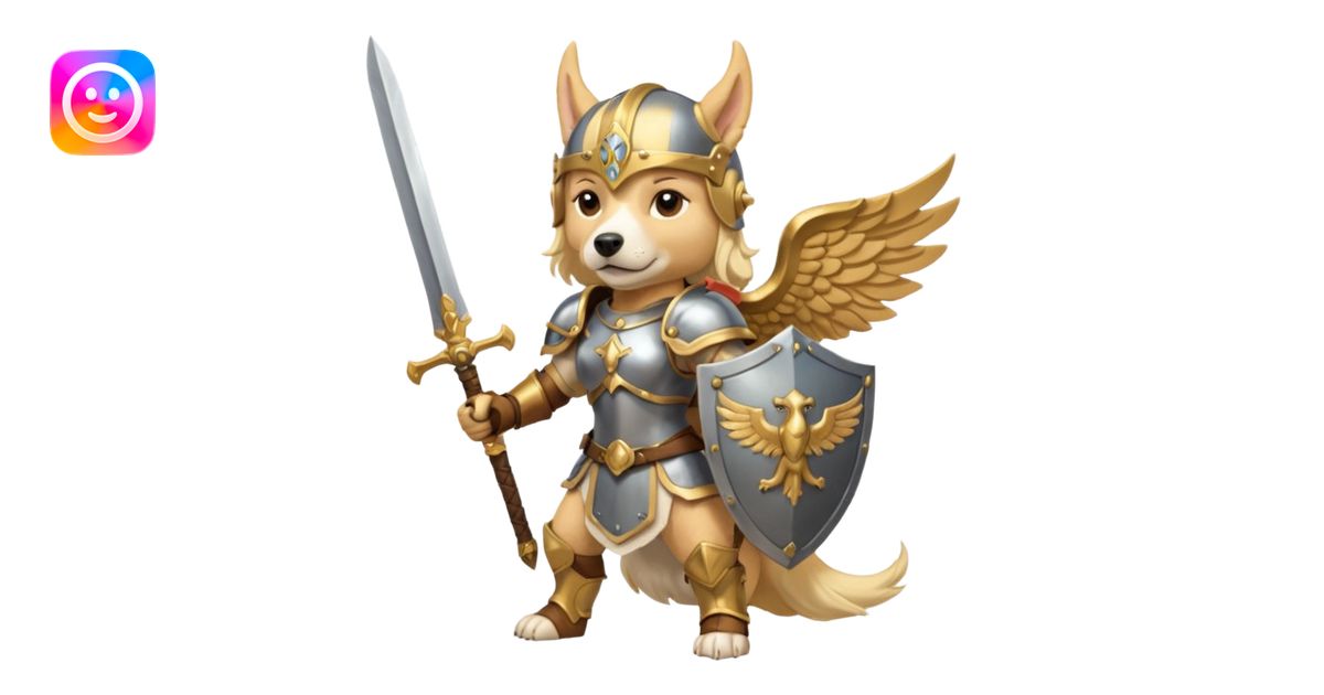 dog freya has sword and shield. she is a valkyrie and has wings ...