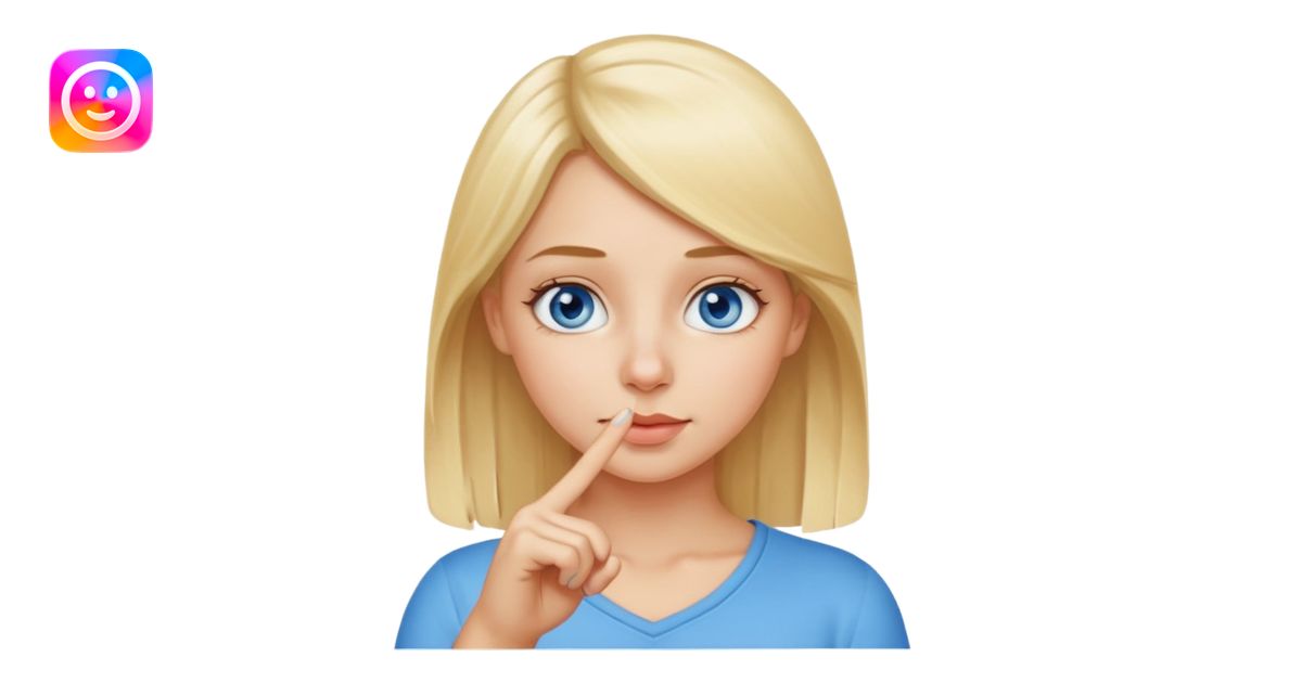 a blond girl with blue eyes putting a finger on the tip of the nose ...