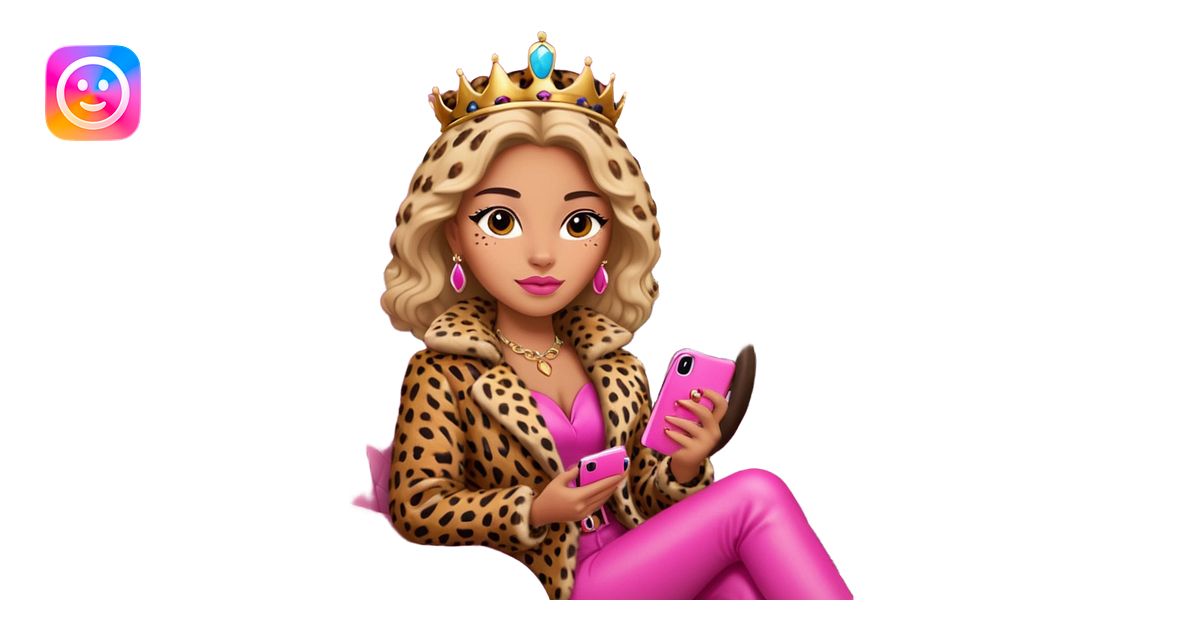 a queen Arina in a leopard fur and pink iPhone on her mercedes emoji ...