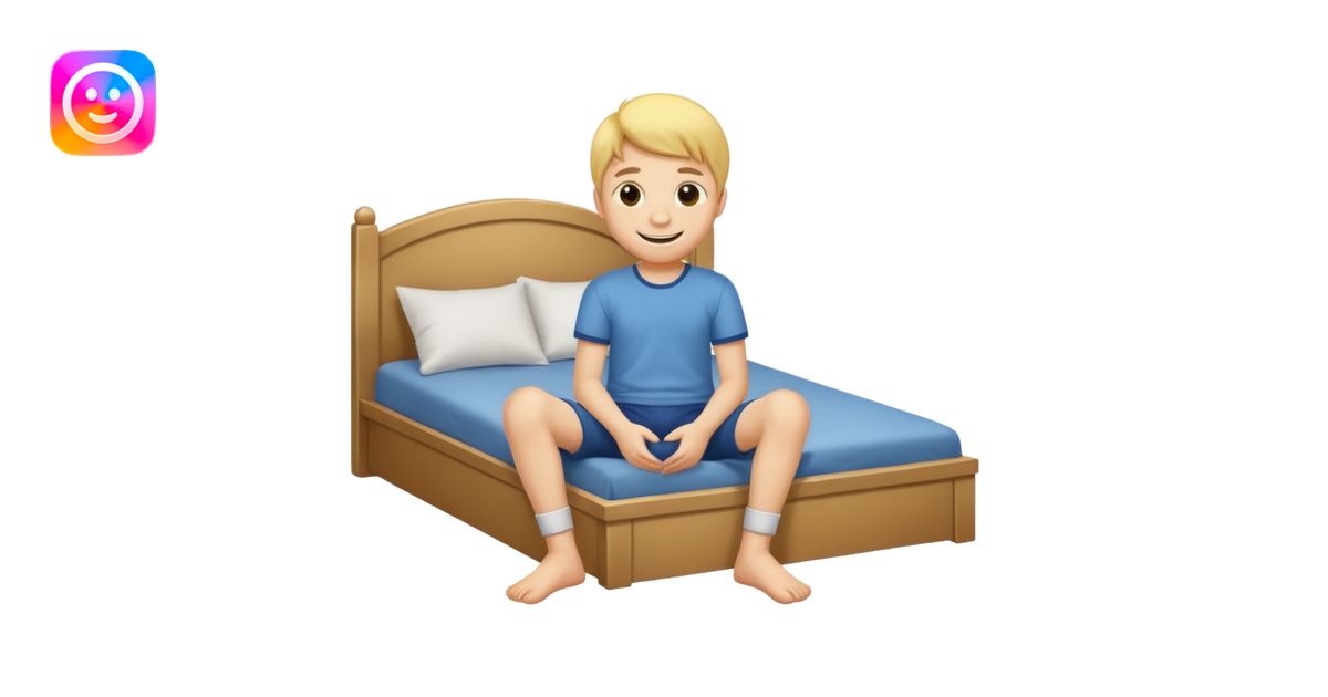 emoji- of a smiley boy sitting at the edge of the bed with legs on the ...