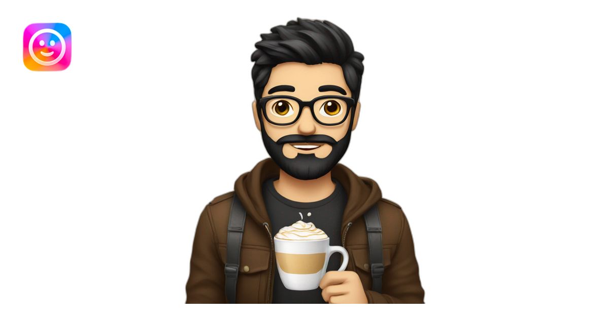 Hipster with black hair, beard and glasses drinking cappuccino emoji ...
