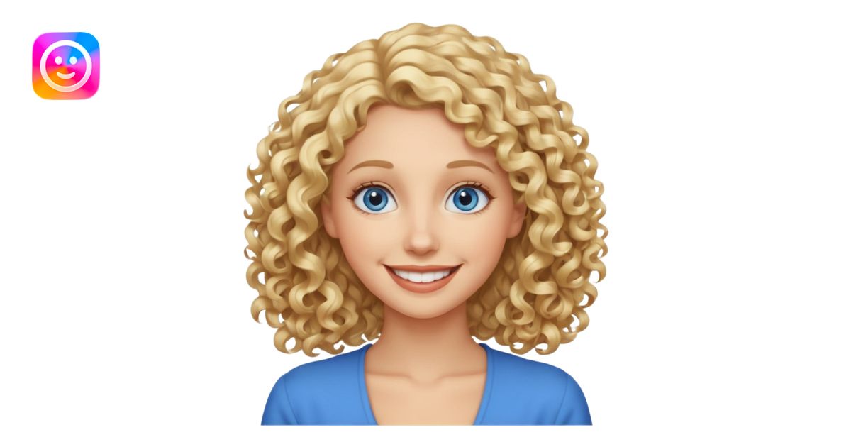 Woman with blonde curly shoulder-length hair, big blue eyes, wide smile ...