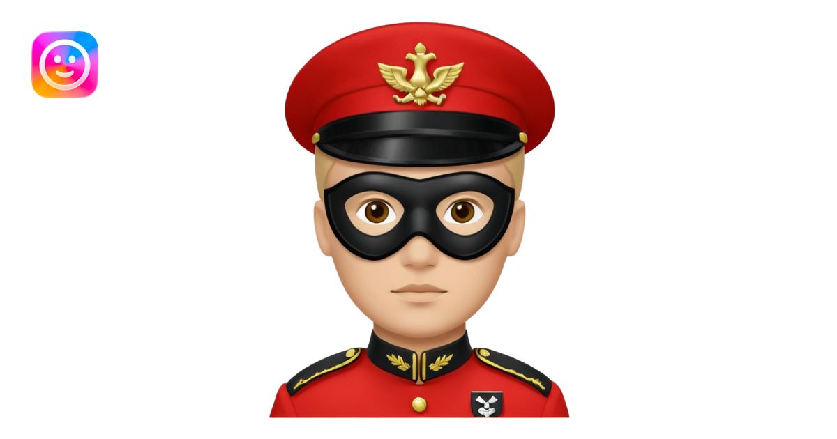 Create a red-uniformed guard with black mask marked by a white square ...