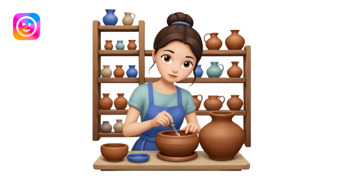 Brunette girl, bun, doing pottery, pottery wheel emoji | AI Emoji Generator