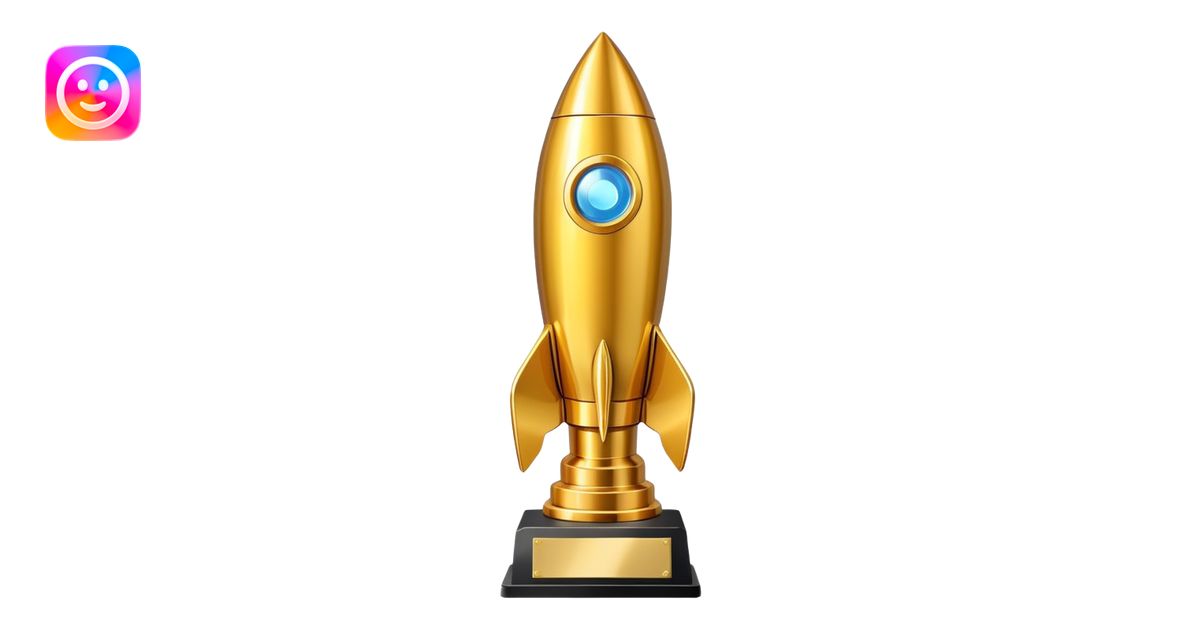 Golden rocket trophy award, shiny gold rocket with a trophy base emoji ...