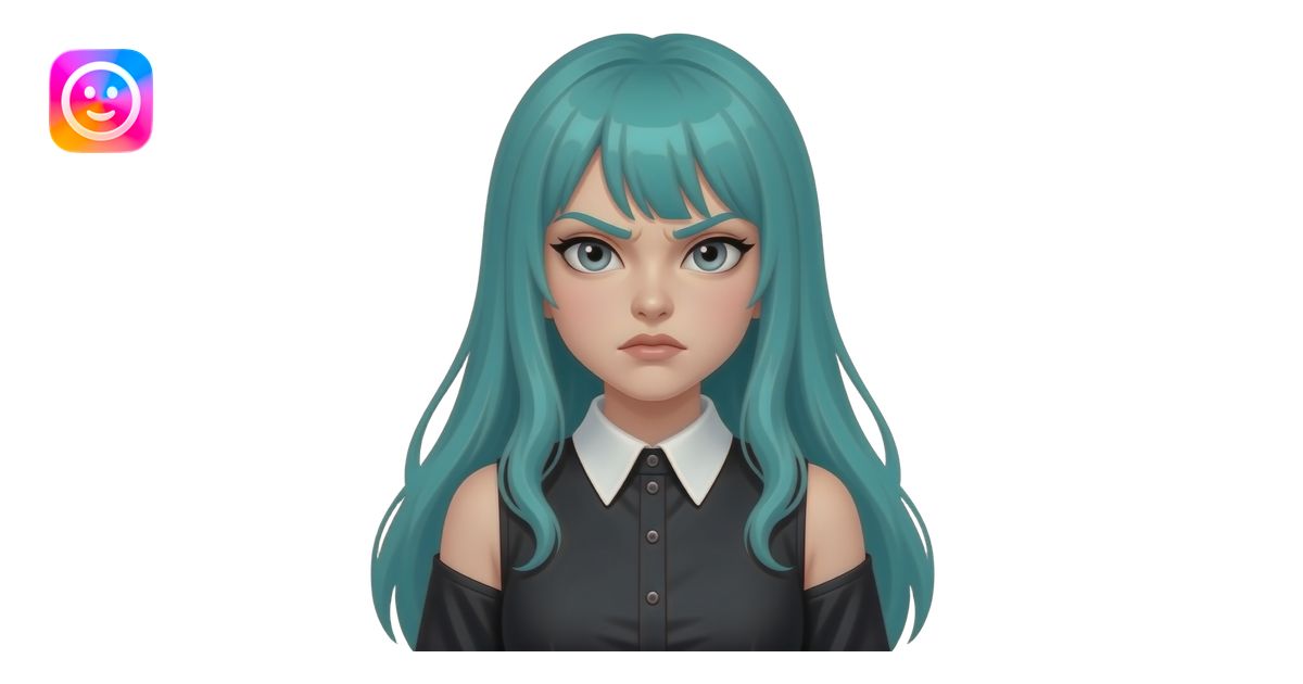 girl, angry, long flowing teal hair, grey eyes, black shoulder ...
