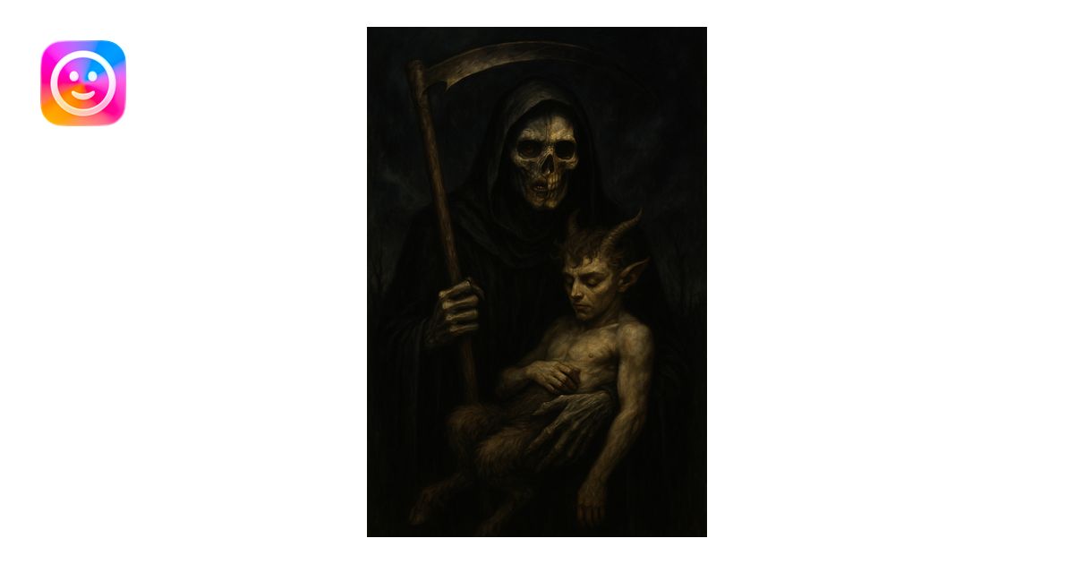 Grim reaper holding a faun, face divided between skeleton and zombie ...