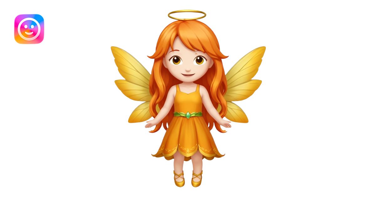 fairy with long orange hair, yellow wings, red dress, happy, chibi full ...