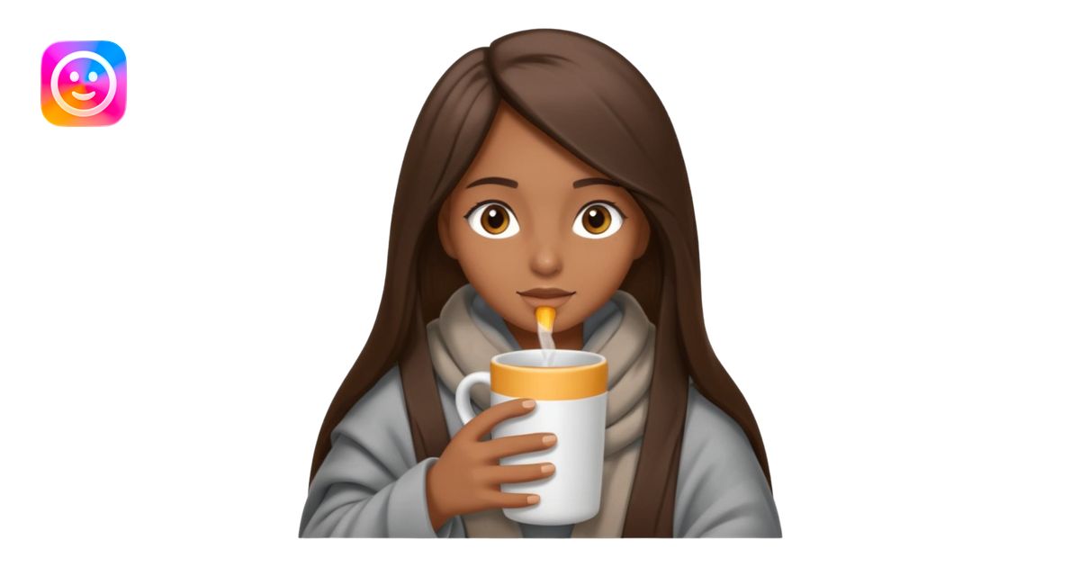A girl with brown eyes, an ios emoji, long straight hair, wrapped in a ...