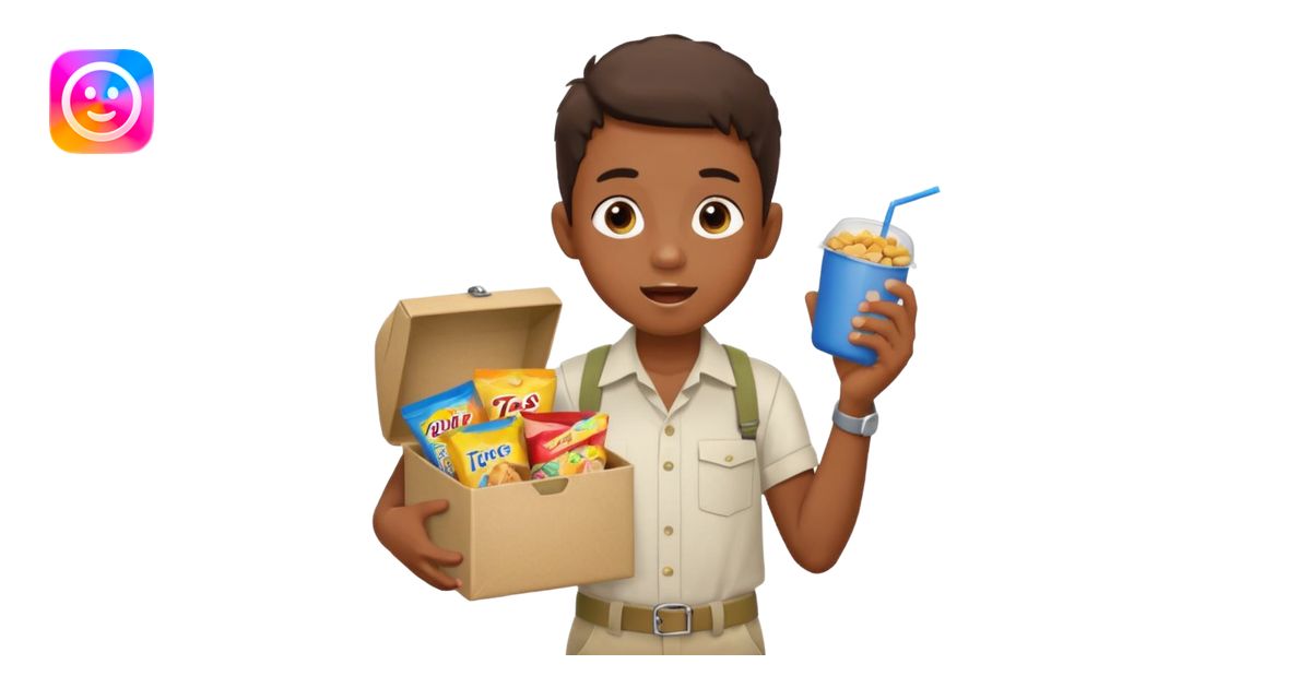 A young vendor boy with a snacks box strapped to his chest, calling out ...