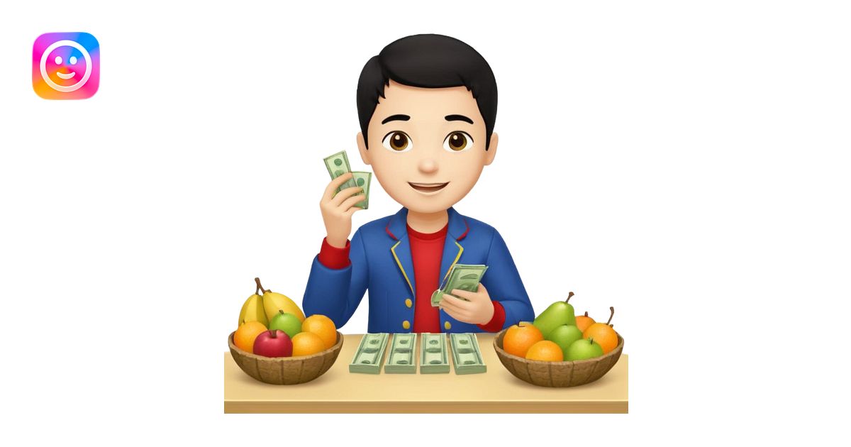 chico piel clara pelo negro con ropa de frutero sentado en una mesa ...