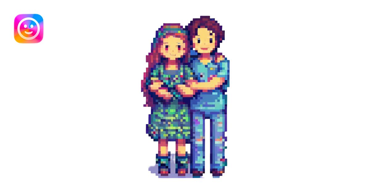 a group of friends, pixel art style, smiling, arms around each other ...