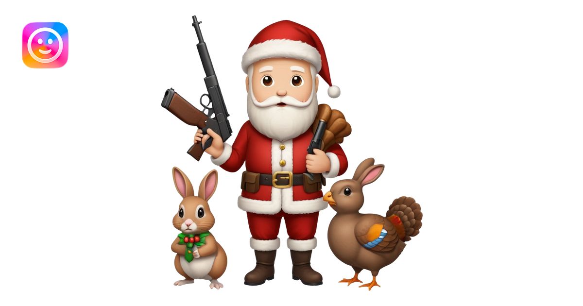 Santa holding a gun, a rabbit, and a turkey emoji | AI Emoji Generator