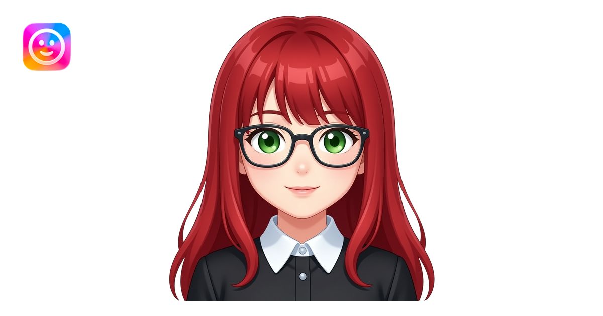 anime girl nerd glasses red hair green eyes black blouse with white ...