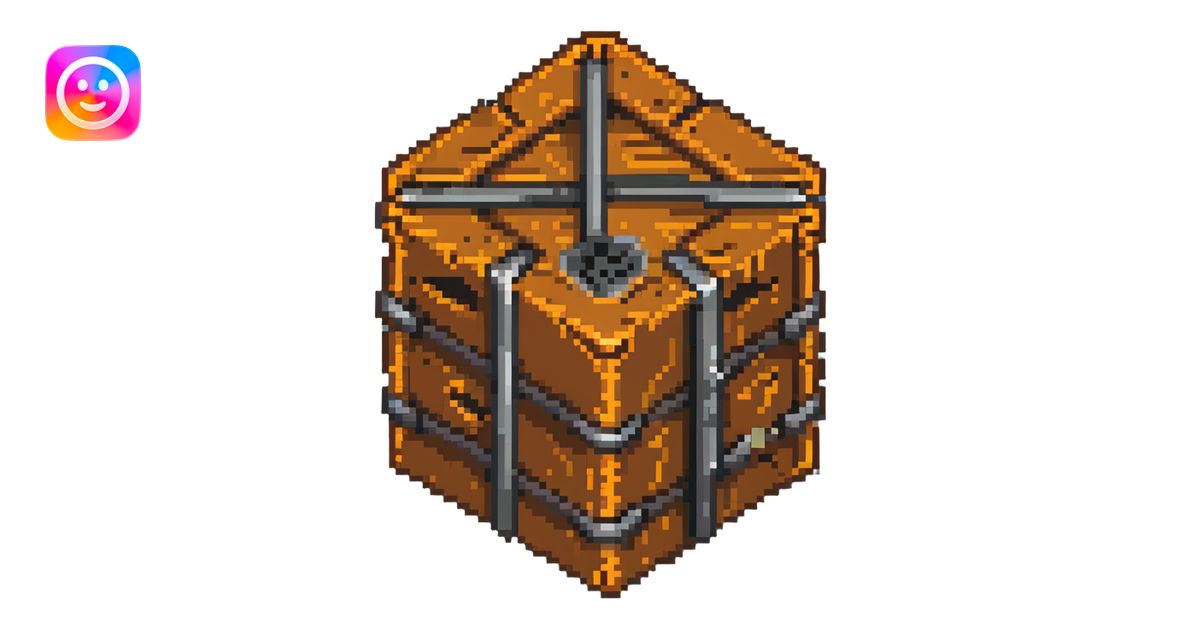 wooden crate with metal reinforcements, orange-brown wood with visible ...