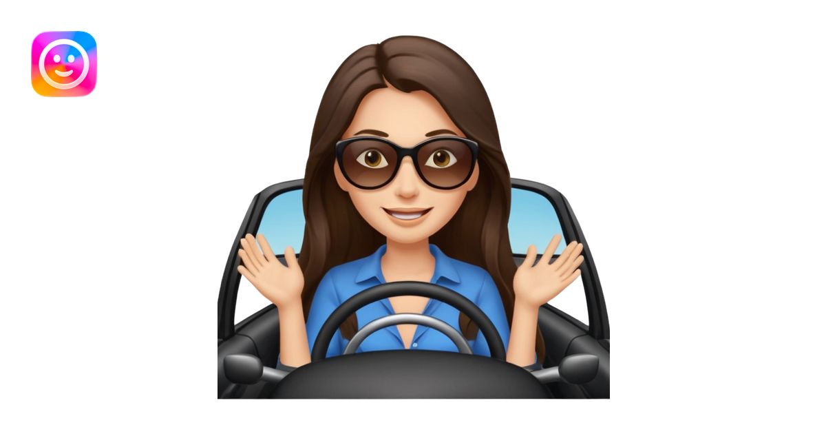 Brunette long hair driving car like crazy. Happy face confidence emoji ...