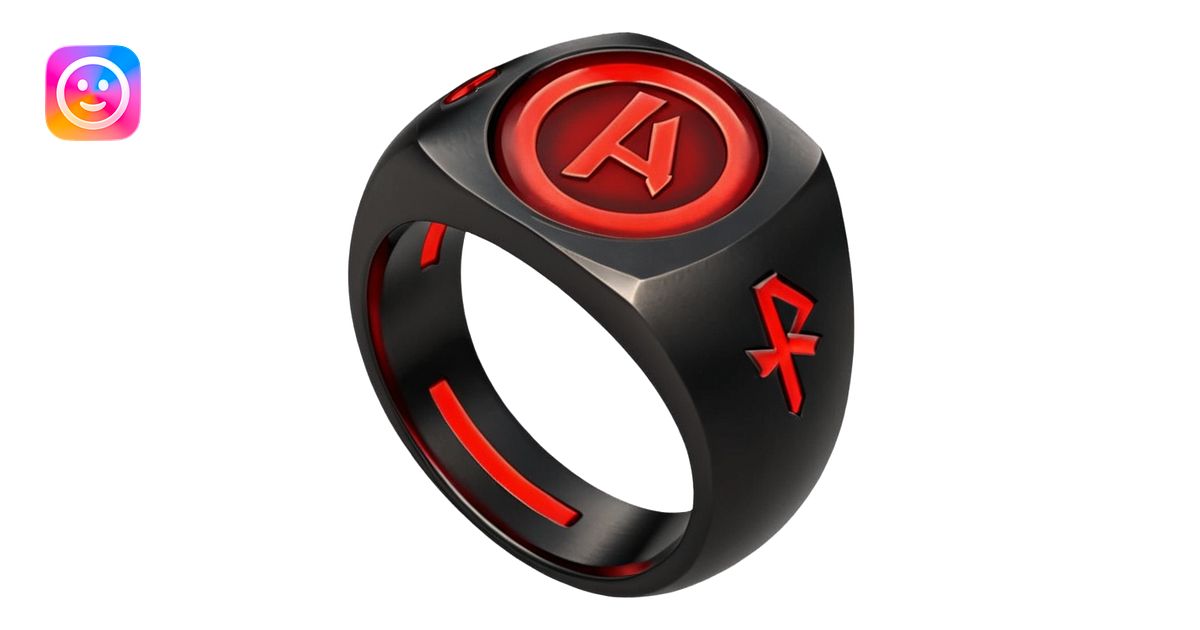 Black iron ring with glowing red rune, gothic iOS-style emoji, dramatic ...
