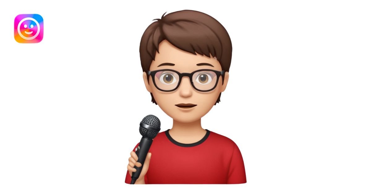 singer, Old, brown short hair, holding mic, red shirt glasses emoji ...