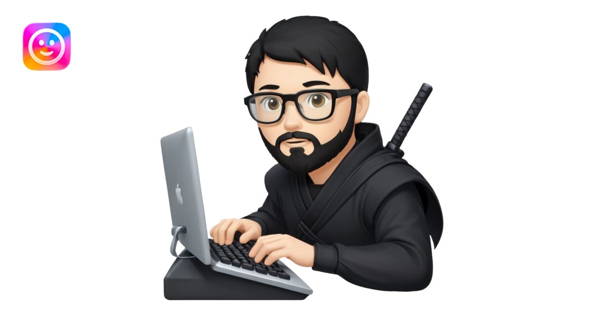Man with black hair and beard wearing glasses in a ninja costume typing ...