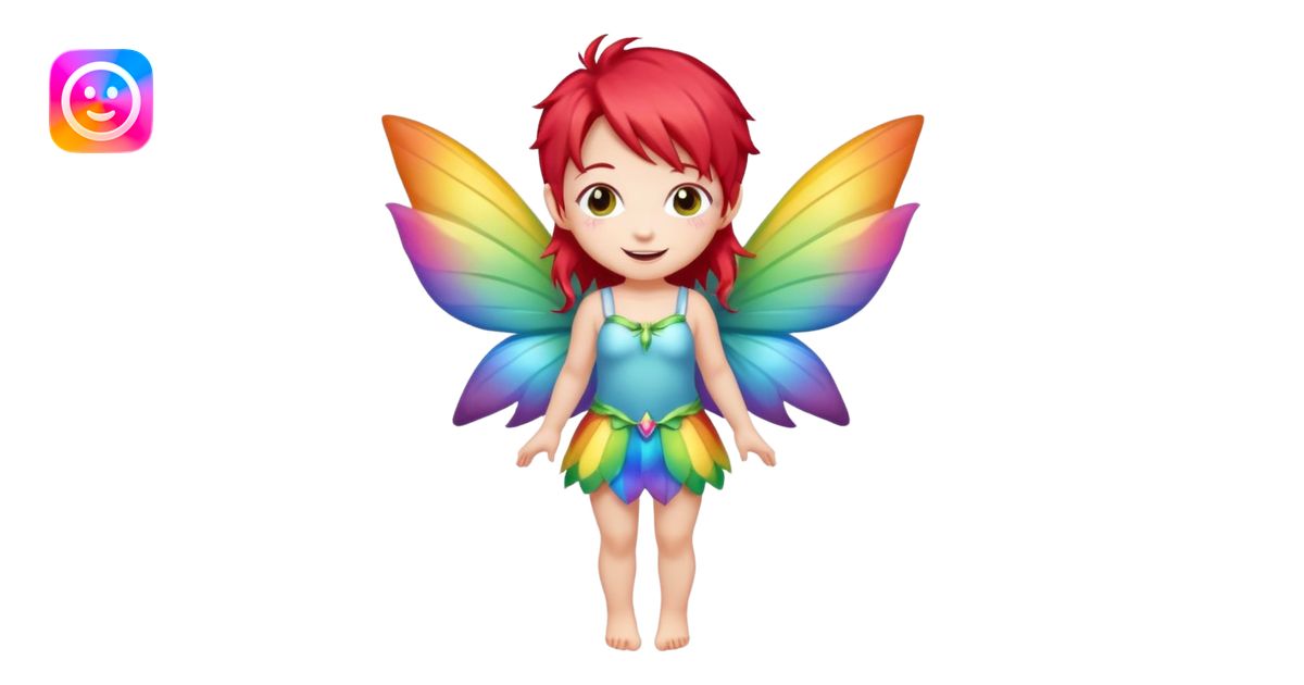 fairy with red hair, rainbow wings, happy, chibi full body emoji | AI ...