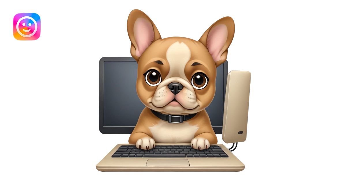 Fawn Frenchie with black muzzle working behind computer emoji | AI ...