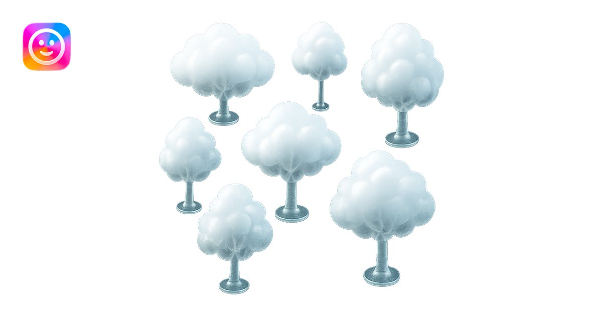 tree with a crown made of very bright white fluffy convex clouds, matte ...