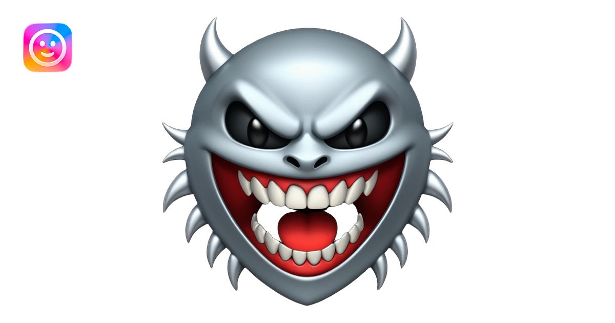 Stylized emoji icon of metallic teeth with sharp fangs, chrome texture ...