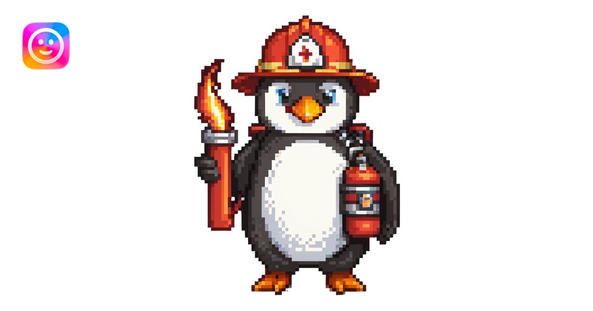 penguin firefighter with helmet and fire hose illustration | AI Emoji ...