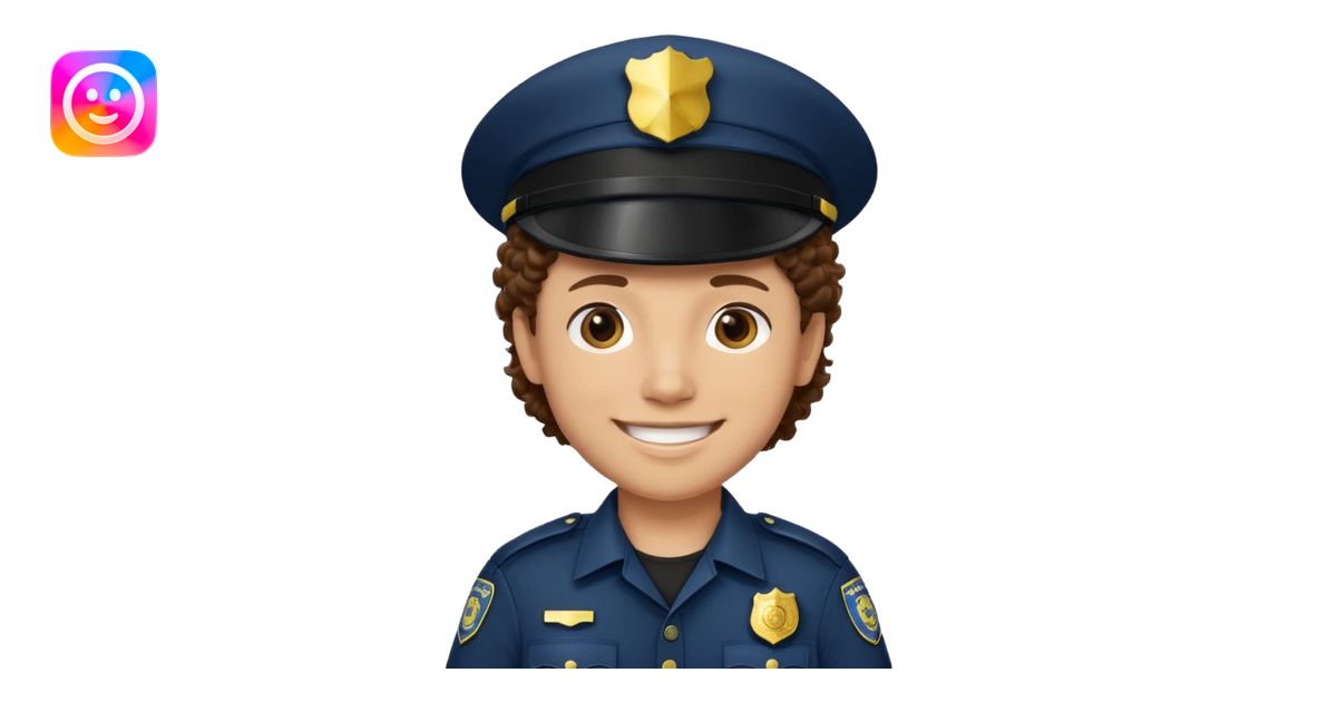 a cartoon-style avatar of a police officer with curly brown hair ...
