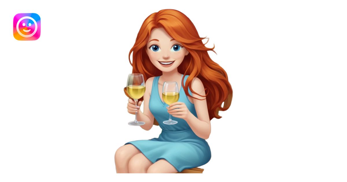 Laughing redhead with long hair and blue eyes holding white wine ...