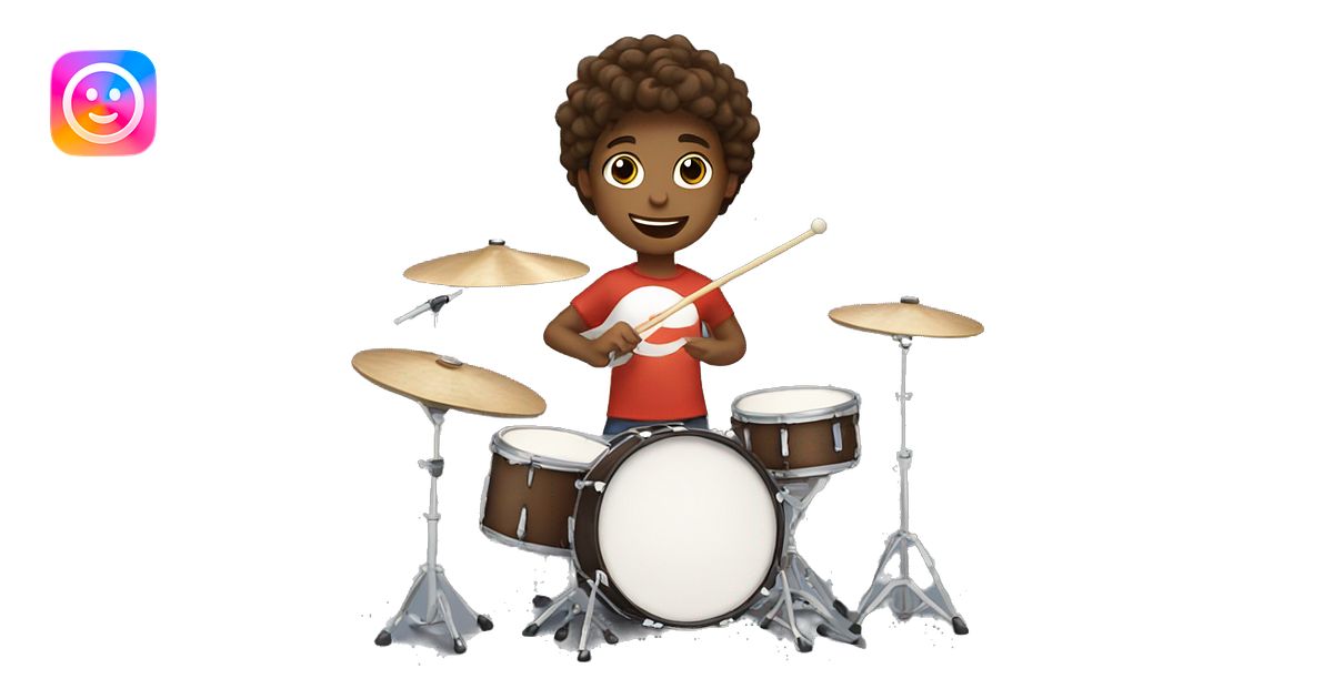 Kid with waves brown hair playing a drum kit emoji | AI Emoji Generator
