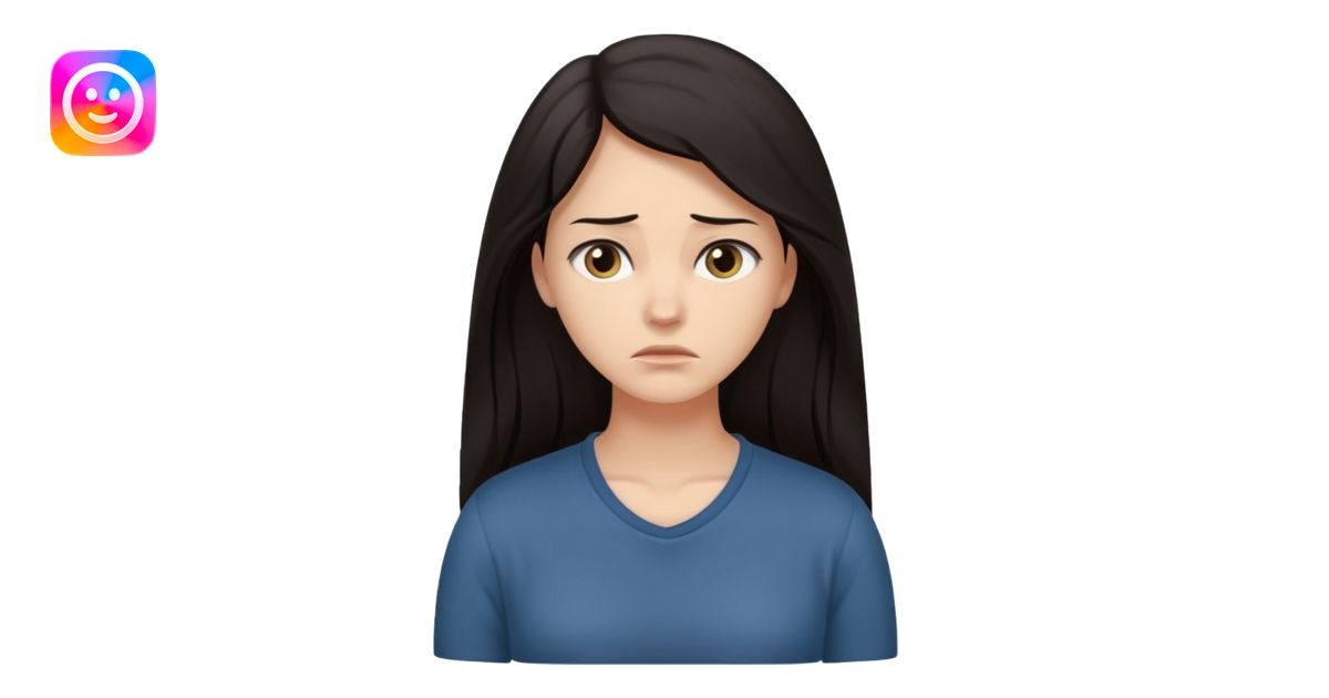 "Cartoon emoji of a woman with long, loose dark hair, wearing plain ...