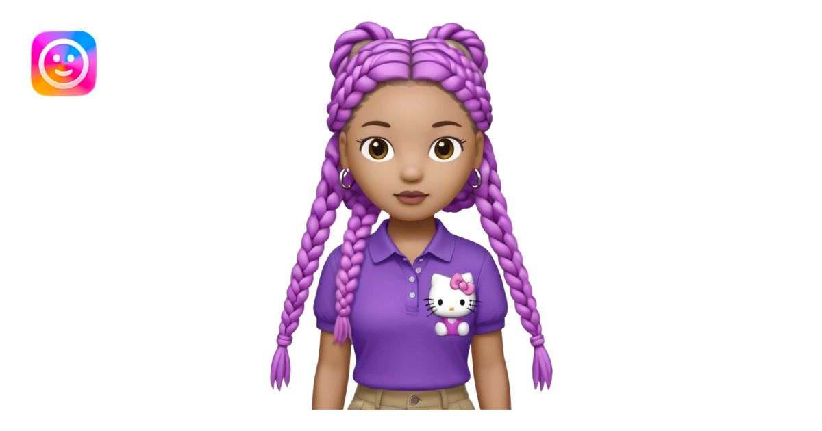 hello kitty wearing purple polo shirt and kyaki pants with long box ...