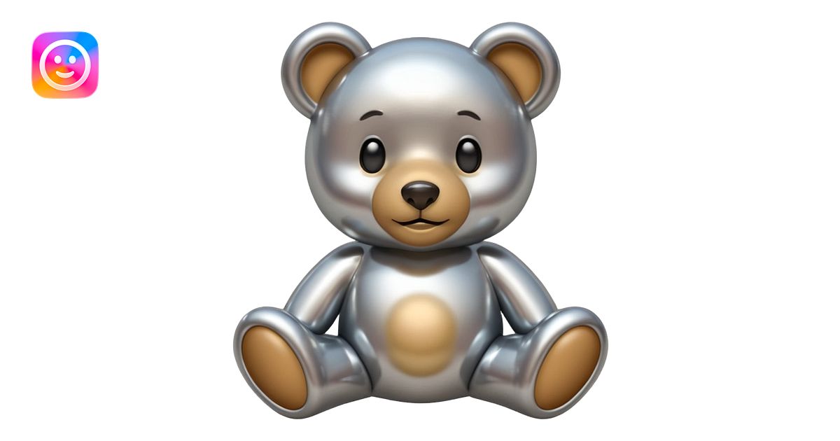 A cute teddy bear emoji made of liquid silver chrome, smooth rounded ...