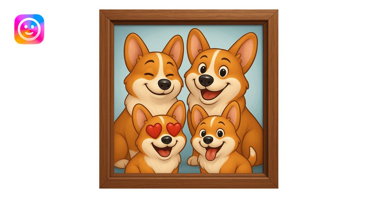 Make the lines and style of the corgi family photo match the 3D emoji ...