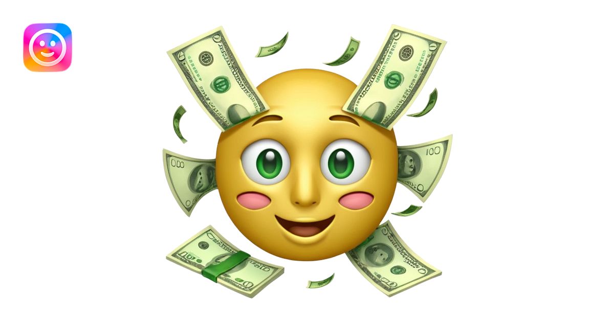 3D glossy money emoji, dollar-sign eyes, cash flying out of mouth ...