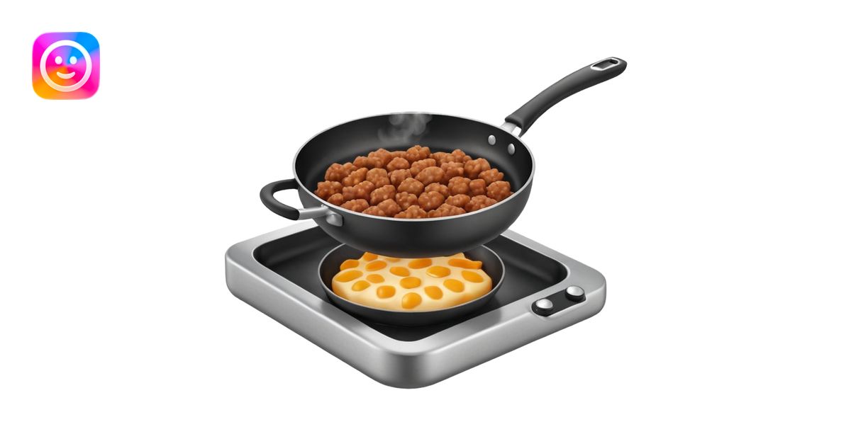 A 3D cartoon frying pan with minced meat being cooked, slight steam ...