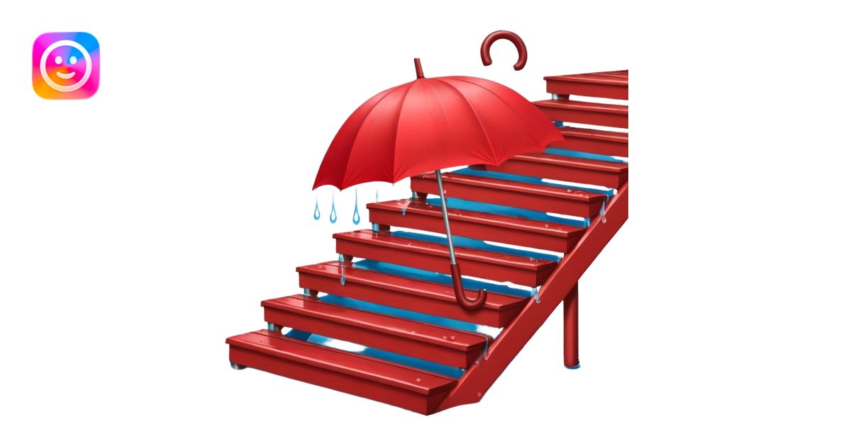 Red umbrella on stair railing, Lost Umbrellas. emoji | AI Emoji Generator