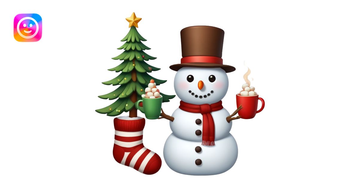 winter vibe emoji with Christmas tree, hot chocolate with marshmallows ...