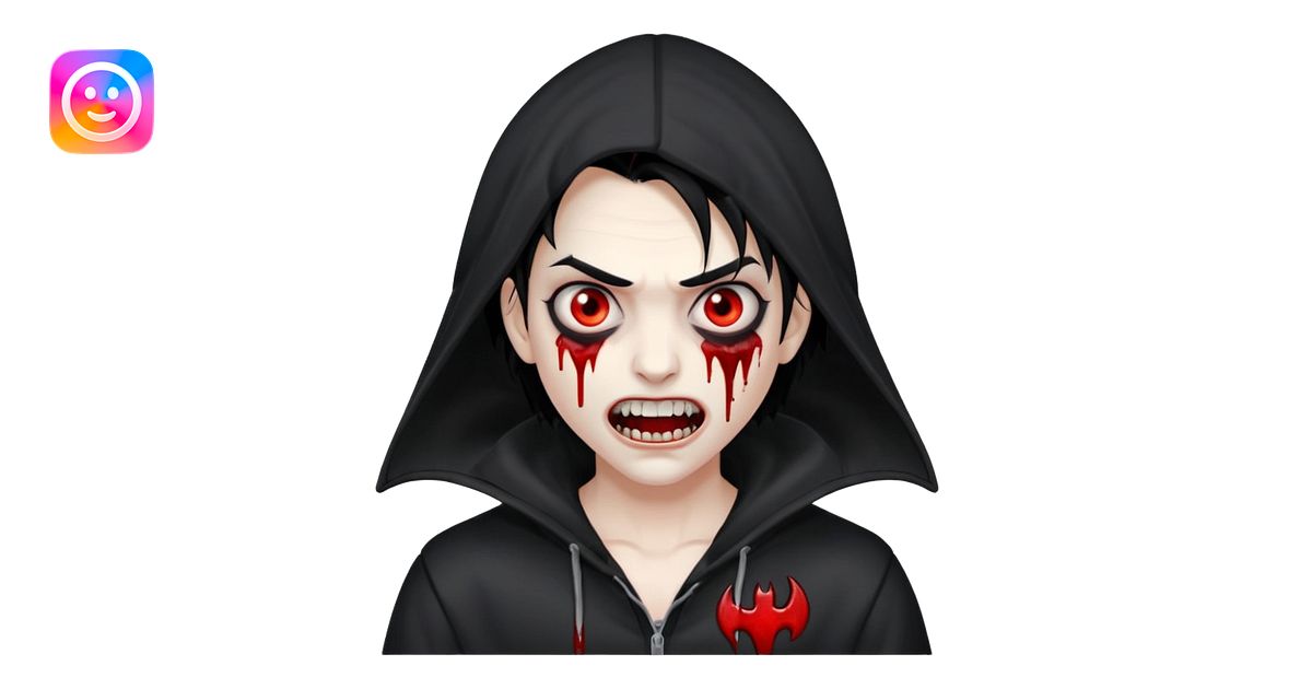 Vampire with gray white skin and full white eyes and bloody fangs and a ...