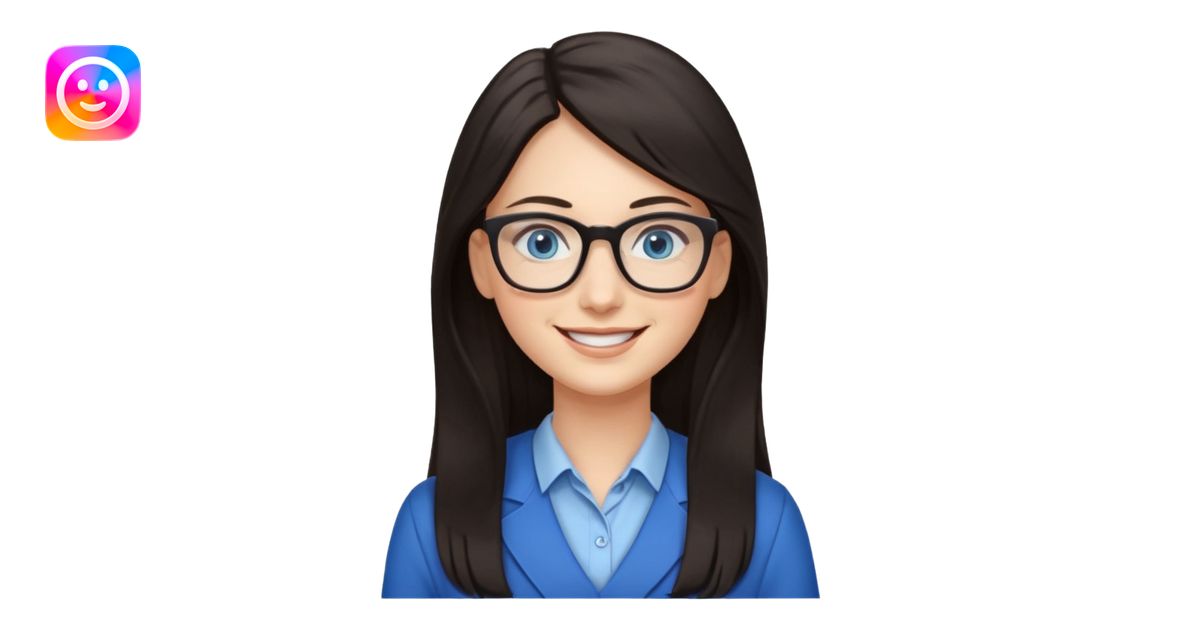 long dark hair, blue eyes, glasses teacher female emoji | AI Emoji ...