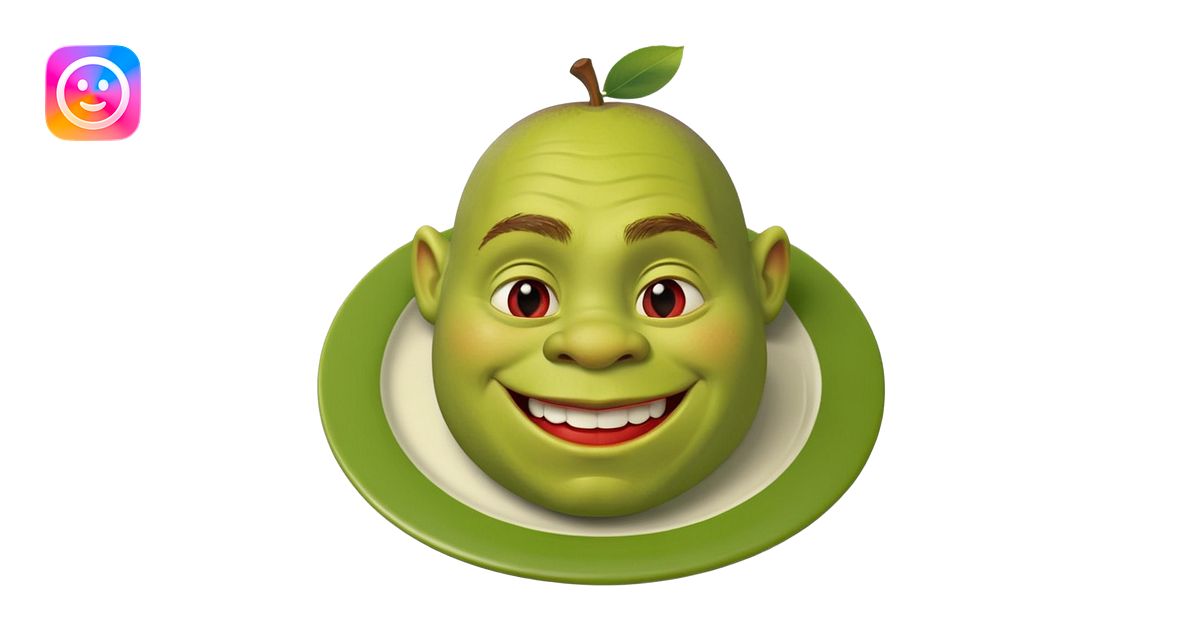 shrek on a plate with an apple inside his mouth emoji | AI Emoji Generator