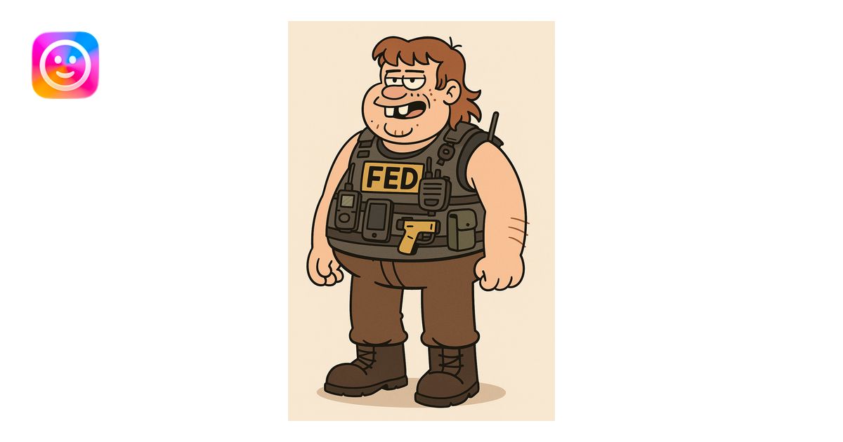 A fat federal agent with buck teeth, tactical vest covered in gadgets ...